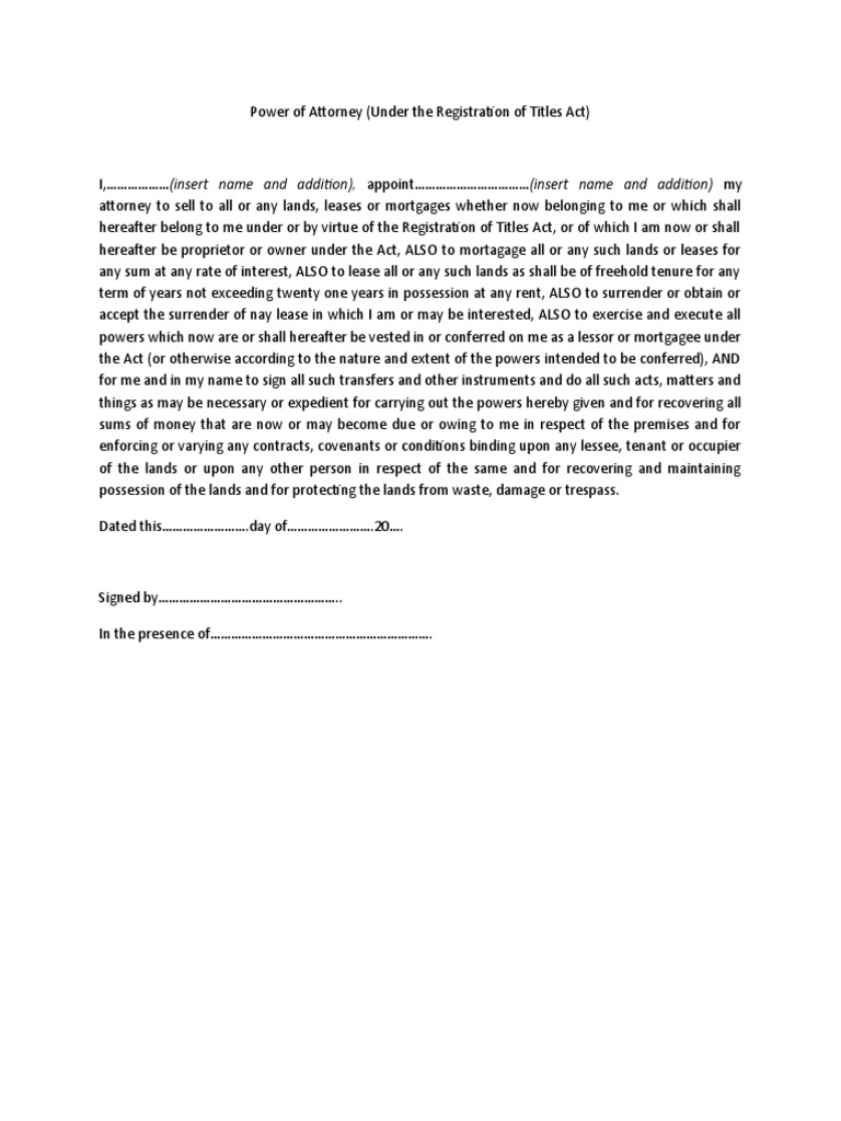 LAW Power of Attorney Under The Registration of Titles Act | PDF