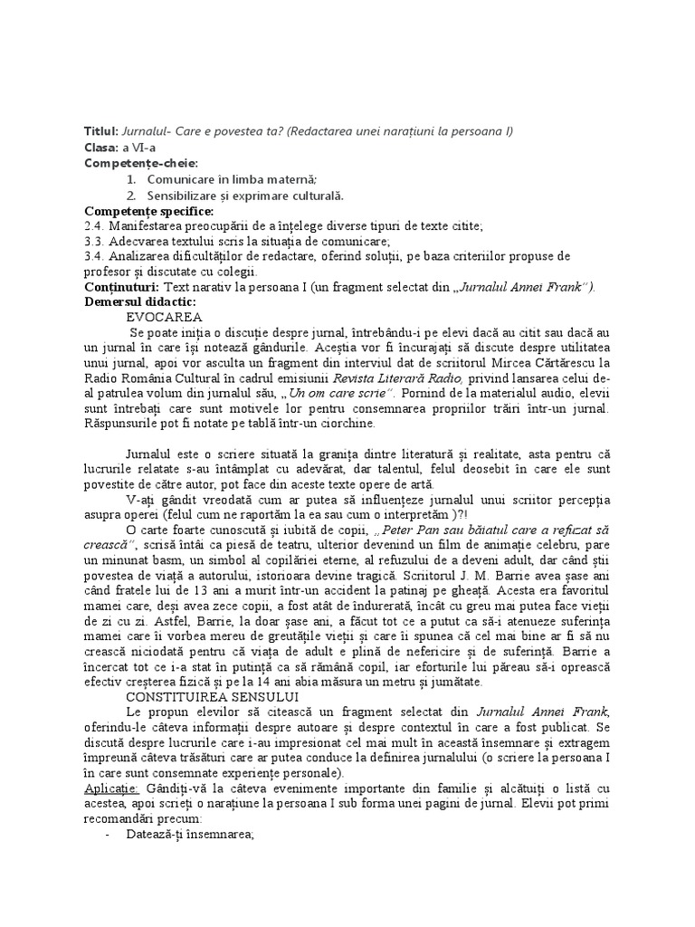 Redactarea Unei Naratiuni La Persoana Iproiect Didactic | PDF