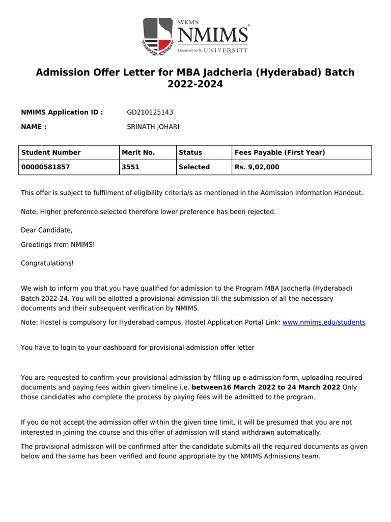 NMIMS Offer Letter | PDF | Receipt NMIMS Offer Letter | PDF | Receipt