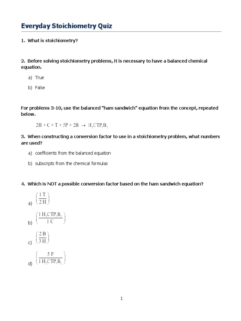 Everyday Stoichiometry Quiz | PDF