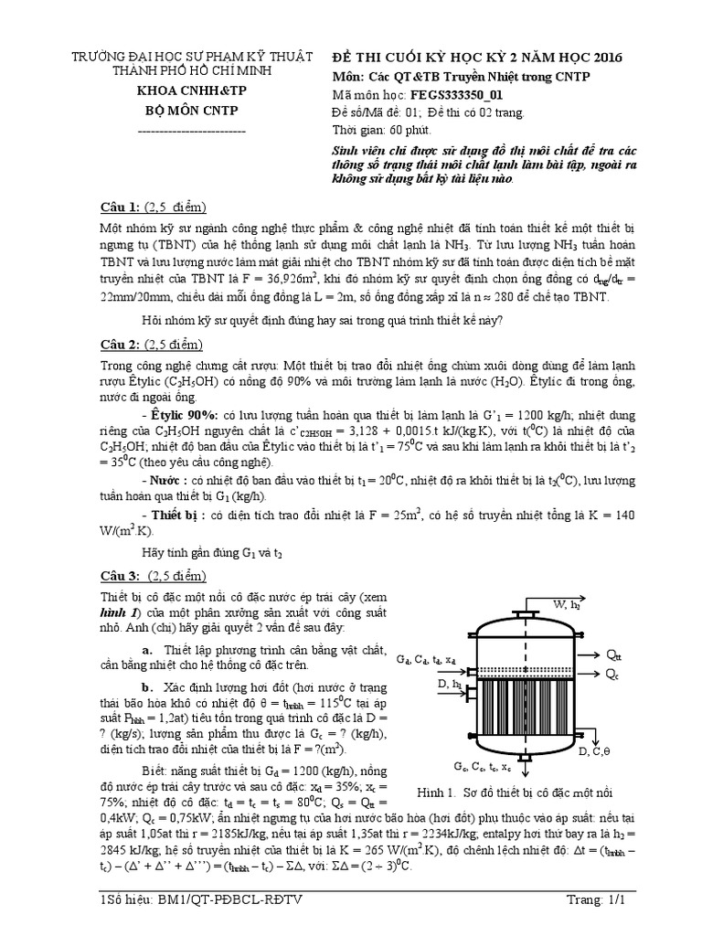 1 - New DETHI Cac QTTB Truyen Nhiet Trong CNTP - hkII - 2016 | PDF