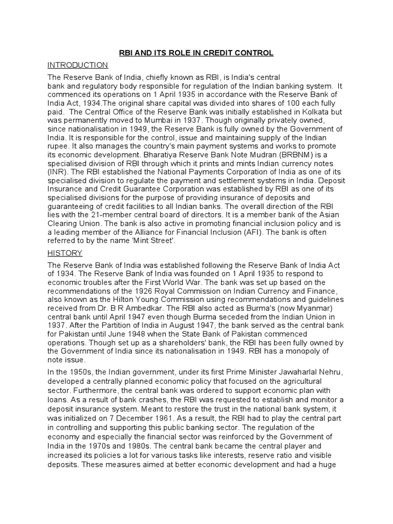 Rbi and Its Role in Credit Control | PDF