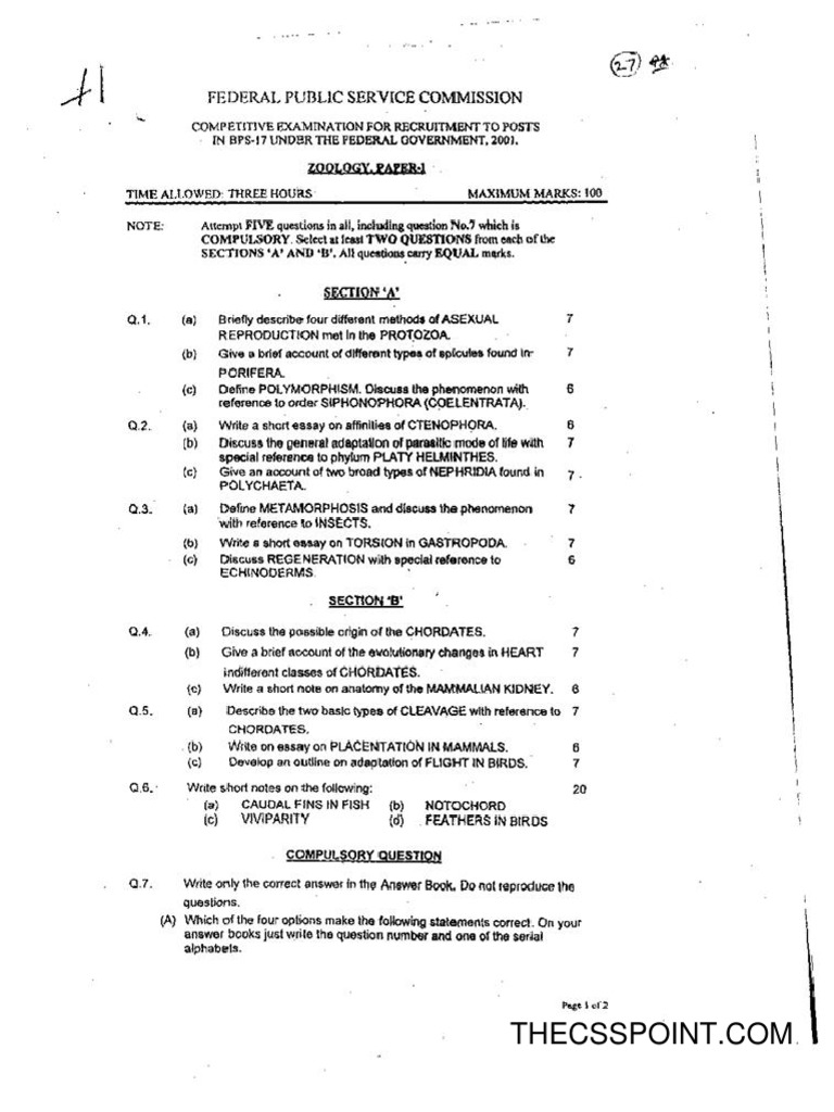 CSS Past Papers Zoology 2001 To 2020 | PDF