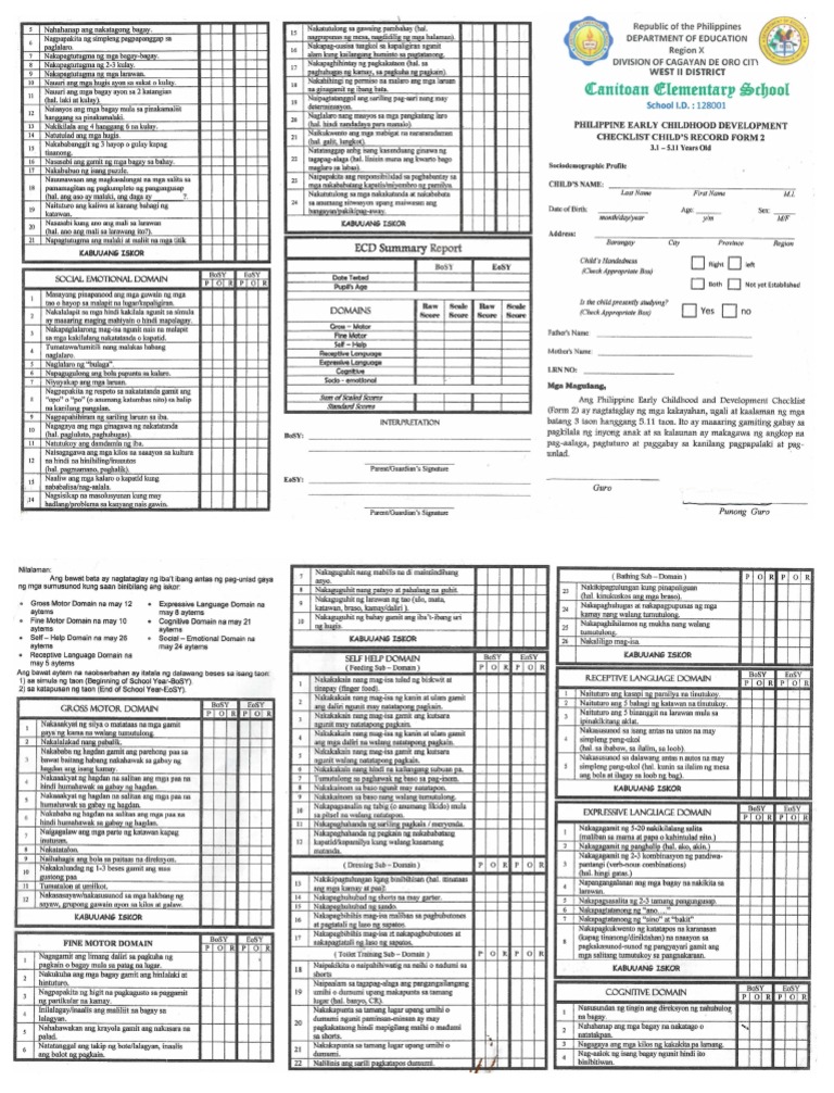 Kinder ECCD Checklist - Canitoan | PDF
