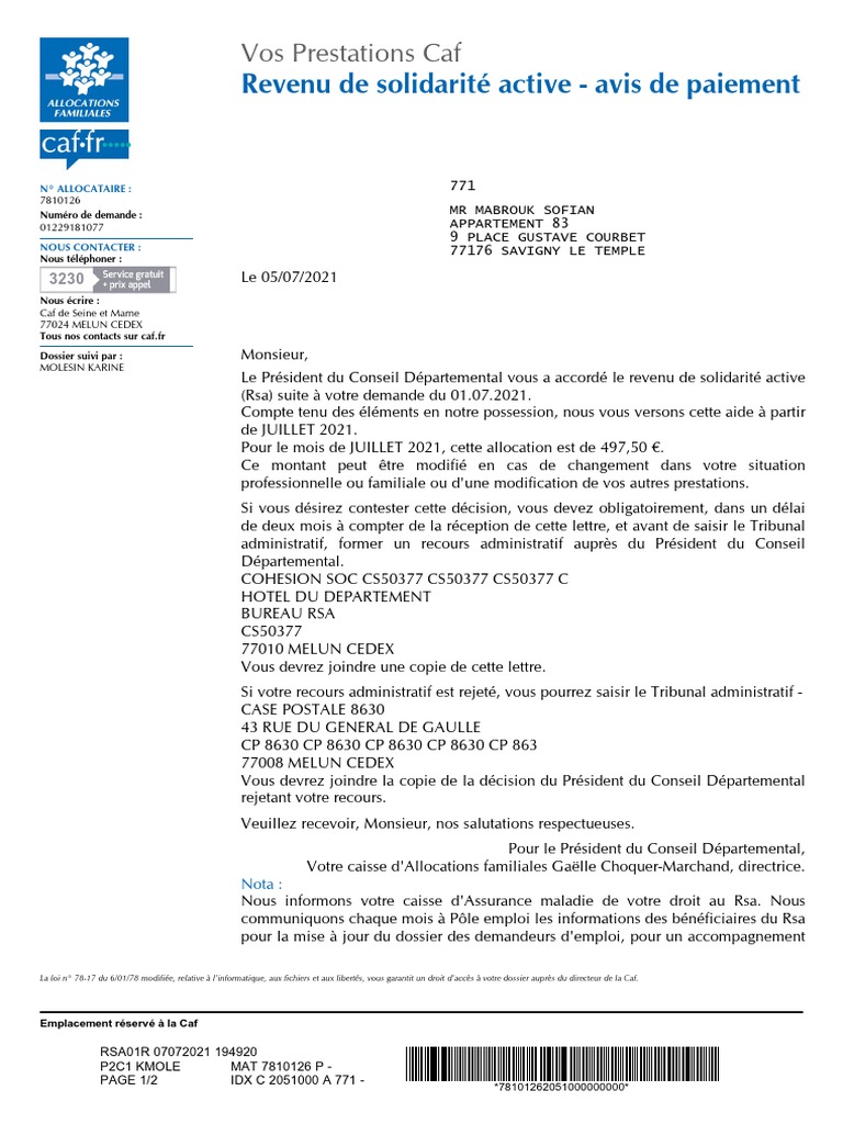 Attestation Rsa Modifiable | PDF | Programmes sociaux