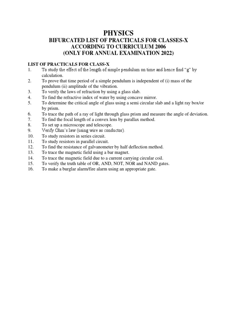 Physics: Bifurcated List of Practicals For Classes-X According To ...