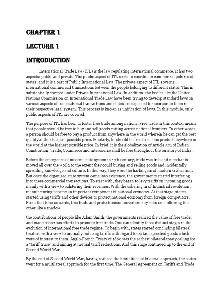 Ch.1. Lecture 1. INTRODUCTION TO INTERNATIONAL TRADE LAW | PDF | Most Favoured Nation | Free Trade