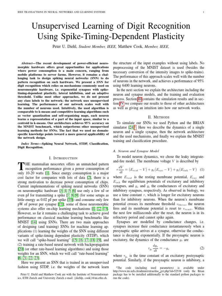 Unsupervised Learning of Digit Recognition Using Spike-Timing-Dependent Plasticity | PDF ...