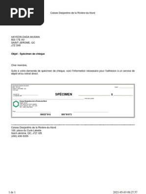 Application Desjardins Specimen De Cheque