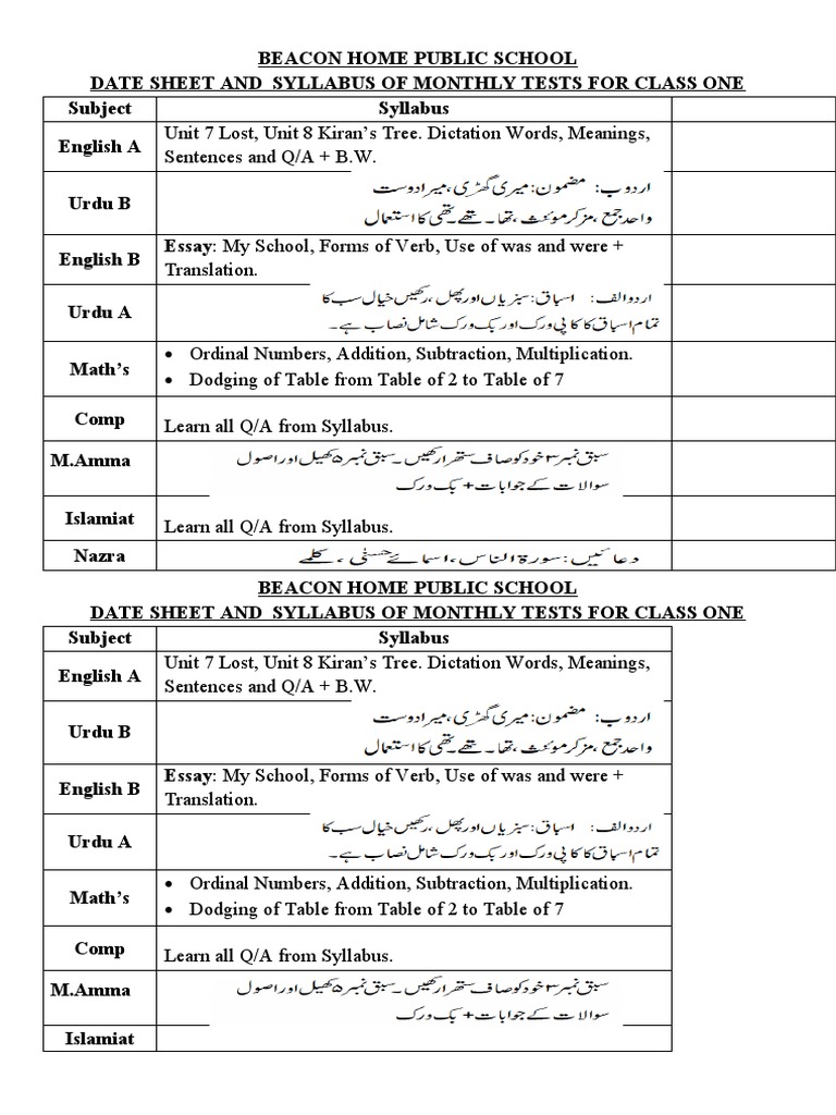 Beacon Home Public School Date Sheets and Syllabus | PDF | Books | Grammar