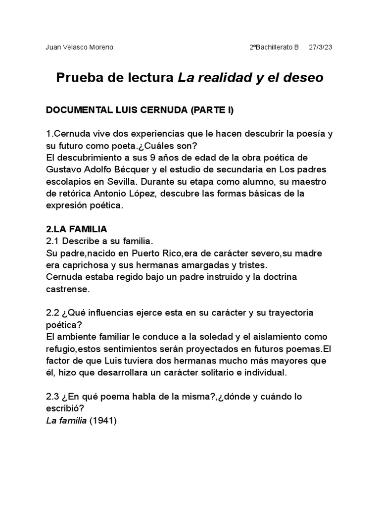 Prueba de Lectura Luis Cernuda | PDF | Poesía | Federico García Lorca