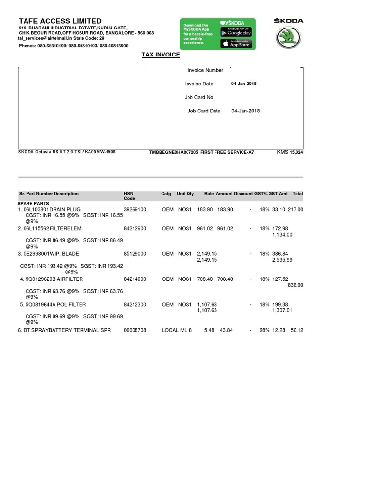 Tax Invoice for First Free Service of ŠKODA Octavia RS AT 2.0 TSI ...