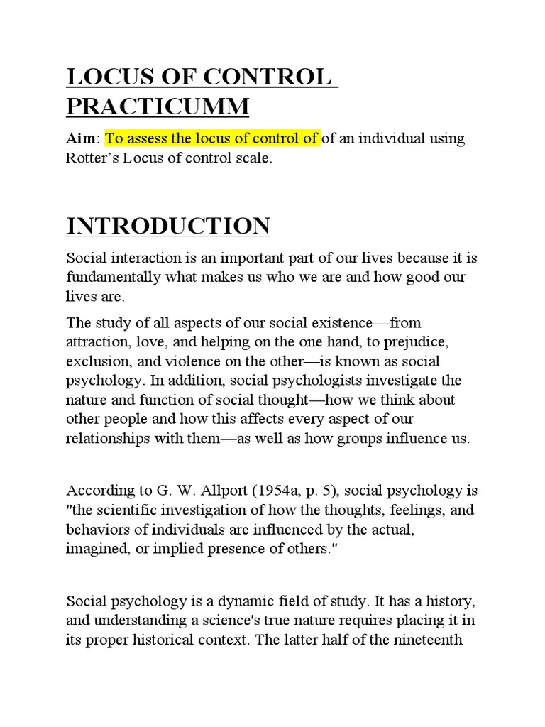 Locus of Control Practicumm: Aim: To Assess The Locus of Control of of ...