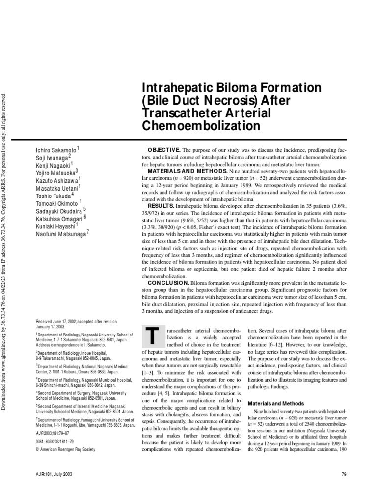 Intrahepatic Biloma Formation (Bile Duct Necrosis) After Transcatheter ...