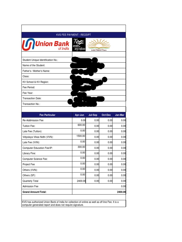 KVS Fee Payment Receipt for 2022-23 | PDF