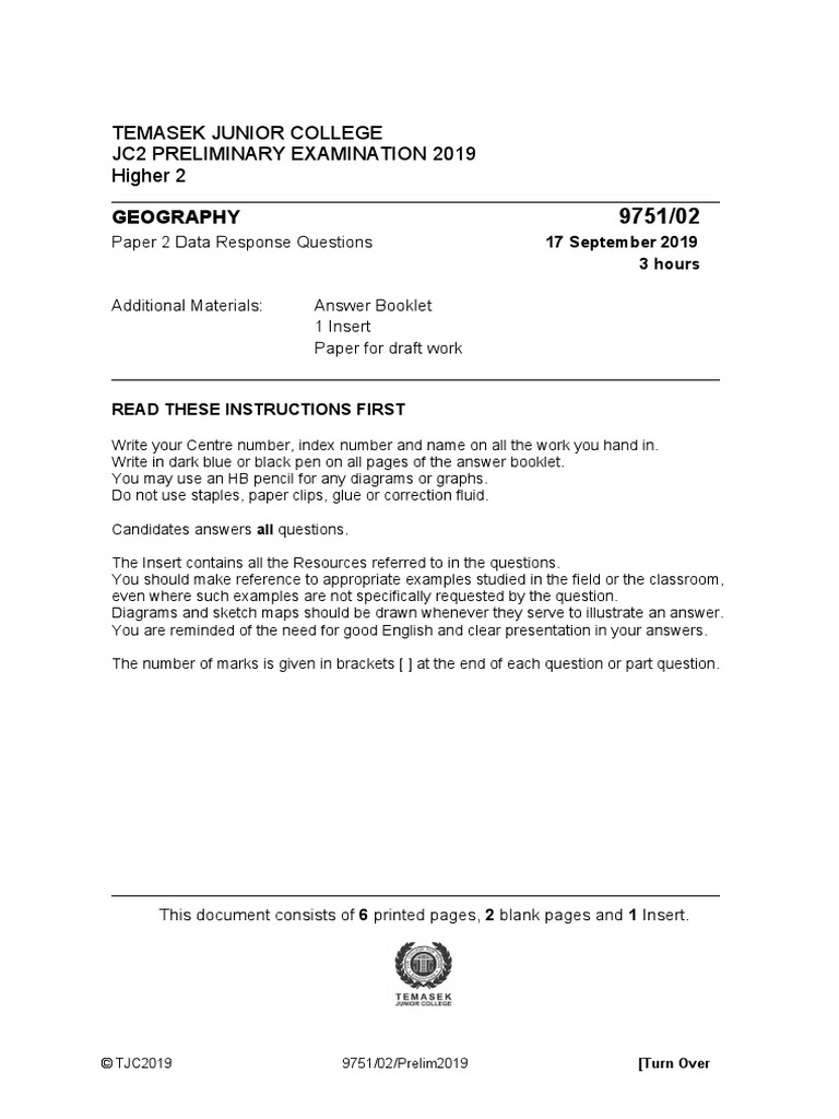 2019 TJC JC2 - H2 Geog Prelim P2 QP (Final) | PDF | River | Surveying