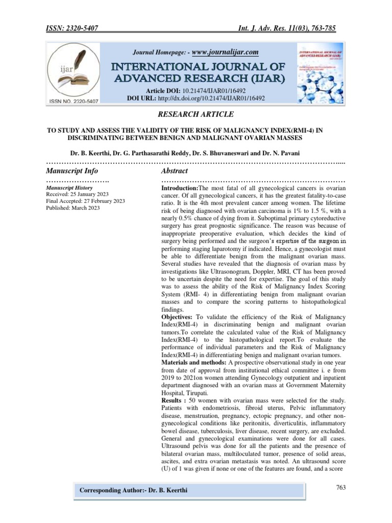 To Study and Assess The Validity of The Risk of Malignancy Index (Rmi-4 ...