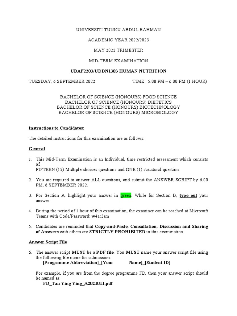 Mid-Term Examination for Human Nutrition: Detailed Instructions and Comprehensive Coverage of ...