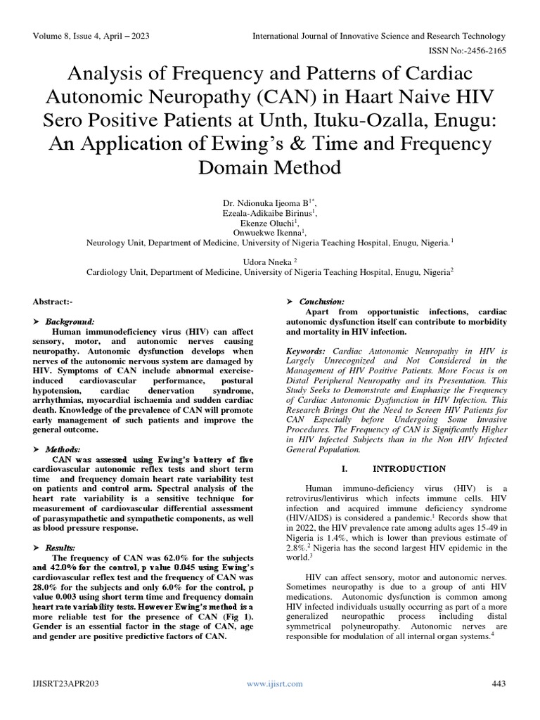 Keywords: Cardiac Autonomic Neuropathy in HIV Is: IJISRT23APR203 | PDF