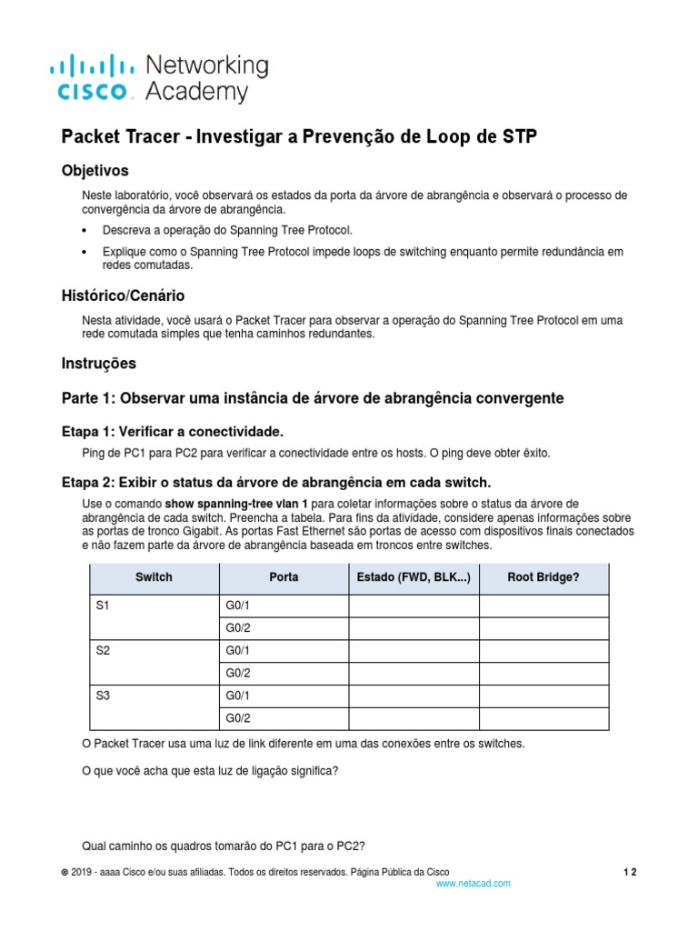 5.1.9 Packet Tracer - Investigate STP Loop Prevention - PT BR | PDF | Comutador de rede ...