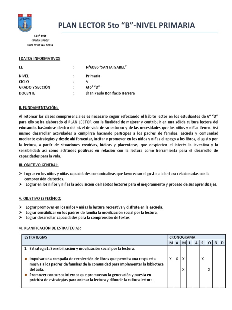 PLAN LECTOR 5to B - 2022 | PDF