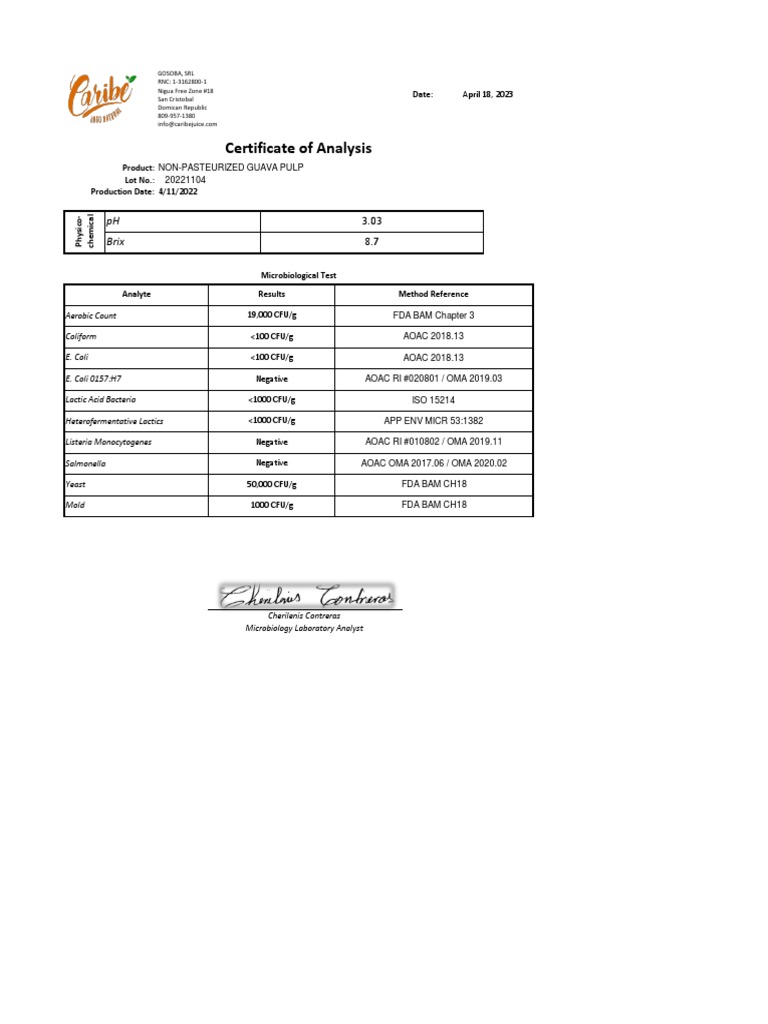 Certificate of Analysis: PH Brix | PDF