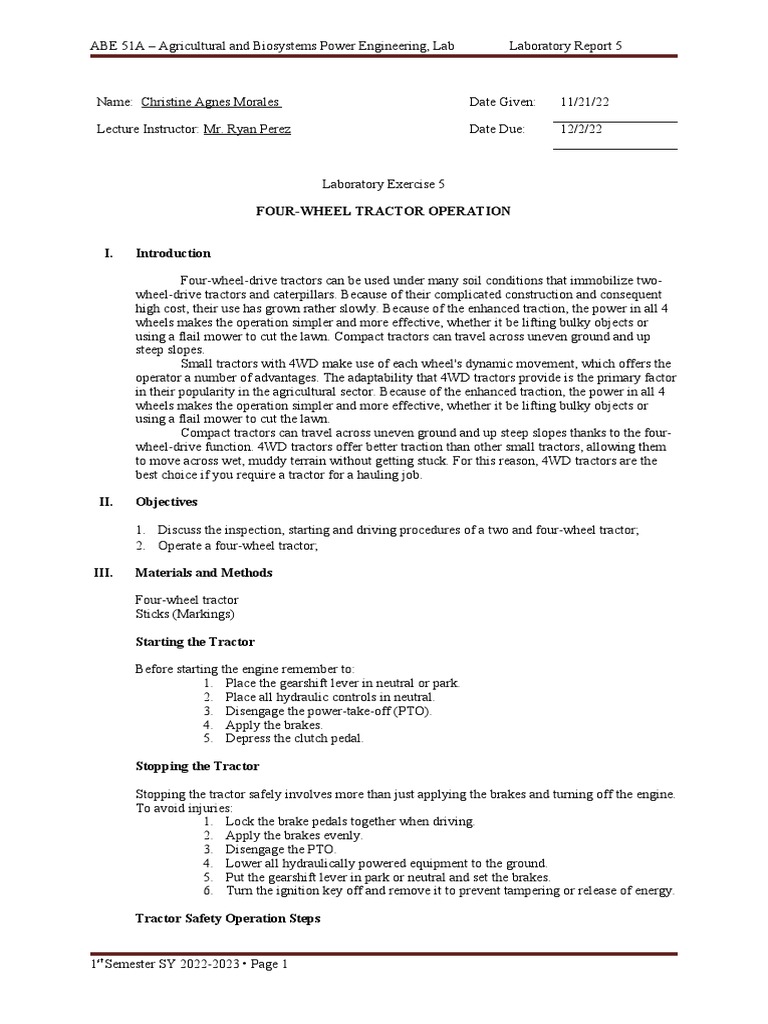 ABE 51A Laboratory Exercise No. 5 | PDF | Tractor | Vehicles