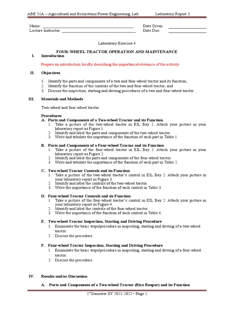 ABE 51A Laboratory Exercise No. 4 2 and 4 Wheel | PDF | Tractor | Clutch