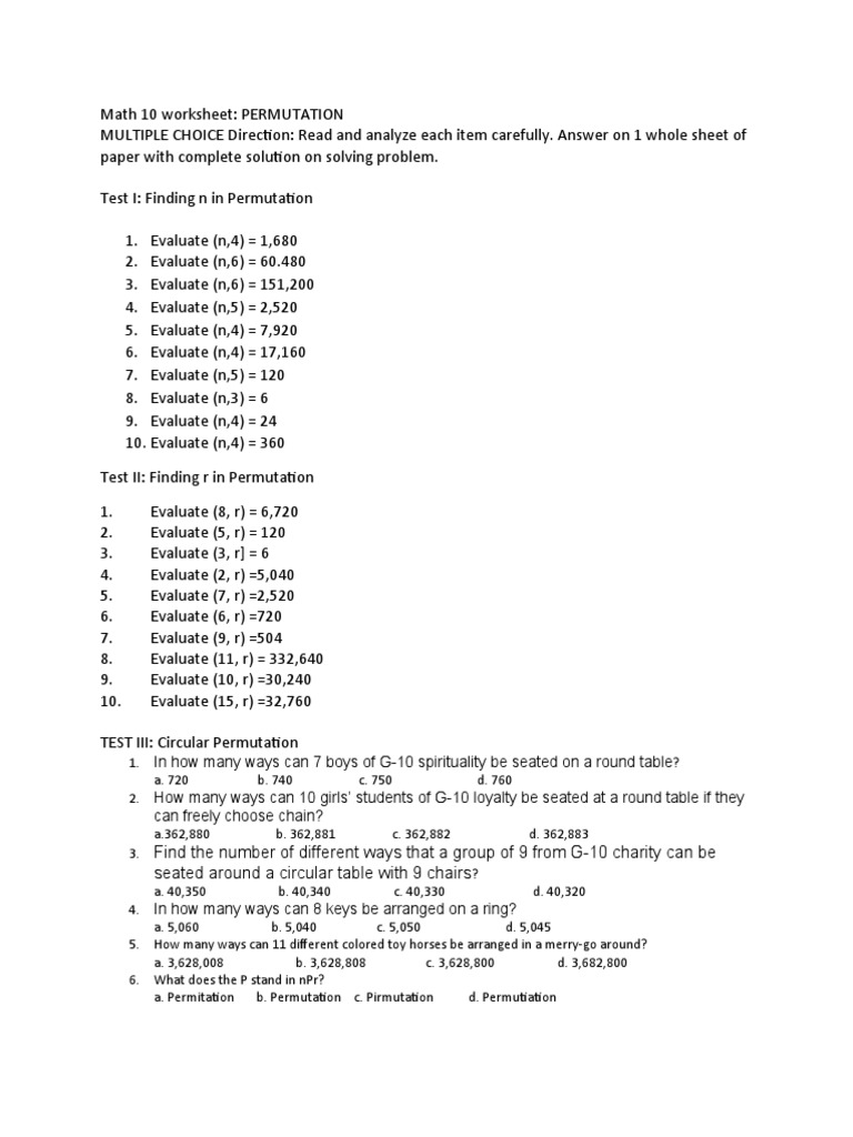 Math 10 Worksheet | PDF
