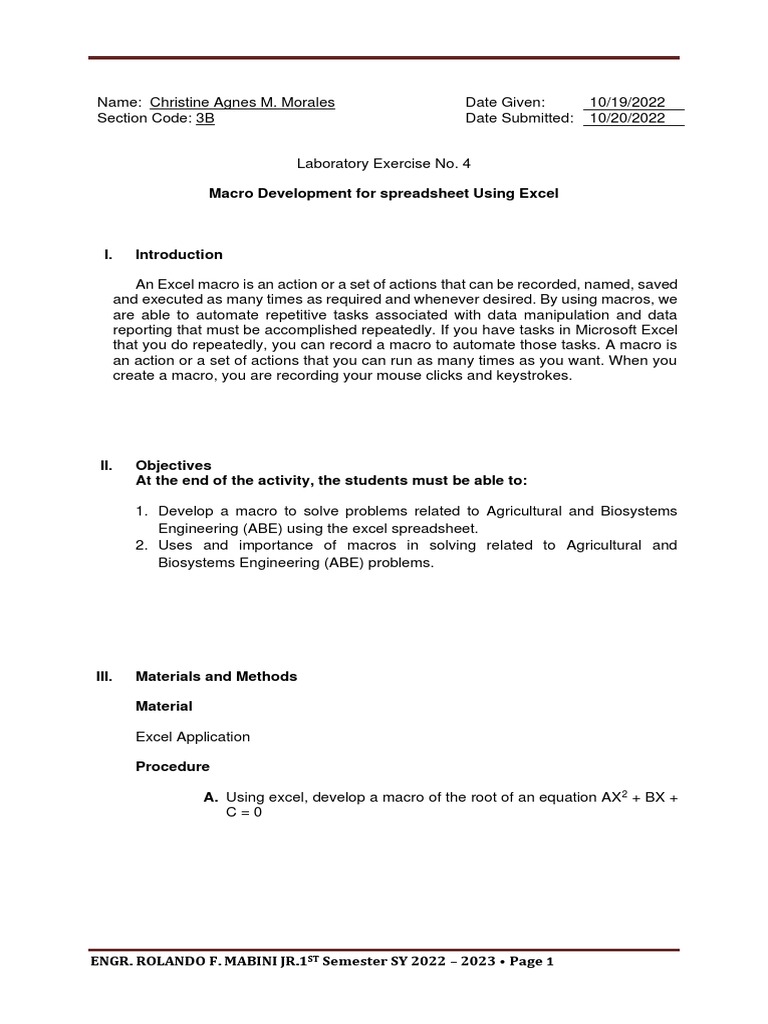 Abe 48a - Laboratory Exercise 4 | PDF | Microsoft Excel | Macro (Computer Science)