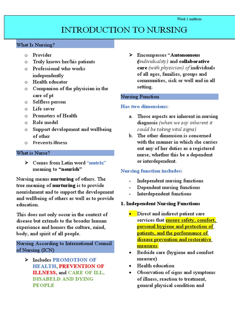 NCM 103 lec week 1 midterm What Is Nursing | PDF | Nursing | Medical ...