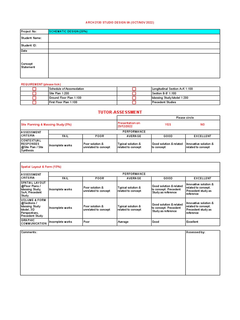 Assessment Sheet - Studio Design 2A (Oct - Nov 2022) - Schematic Design ...