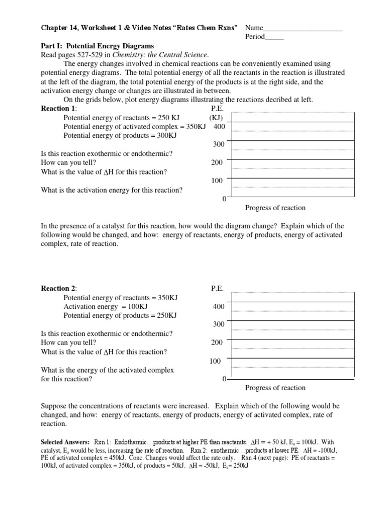 Chapter 14, Worksheet 1 & Video Notes "Rates Chem RXNS" Name - Part I ...