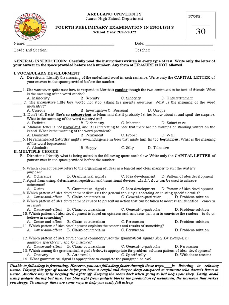 English 8 Test Draft Fourth Prelim Exam | PDF