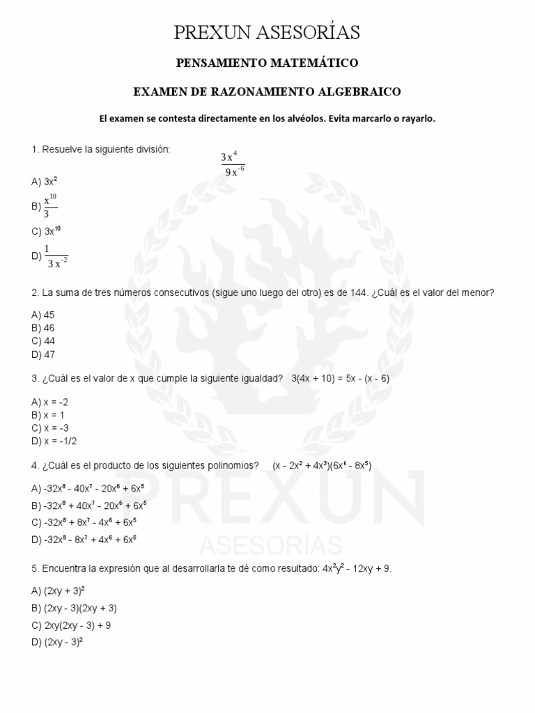 Examen Razonamiento Algebraico | PDF | Matemáticas | Álgebra