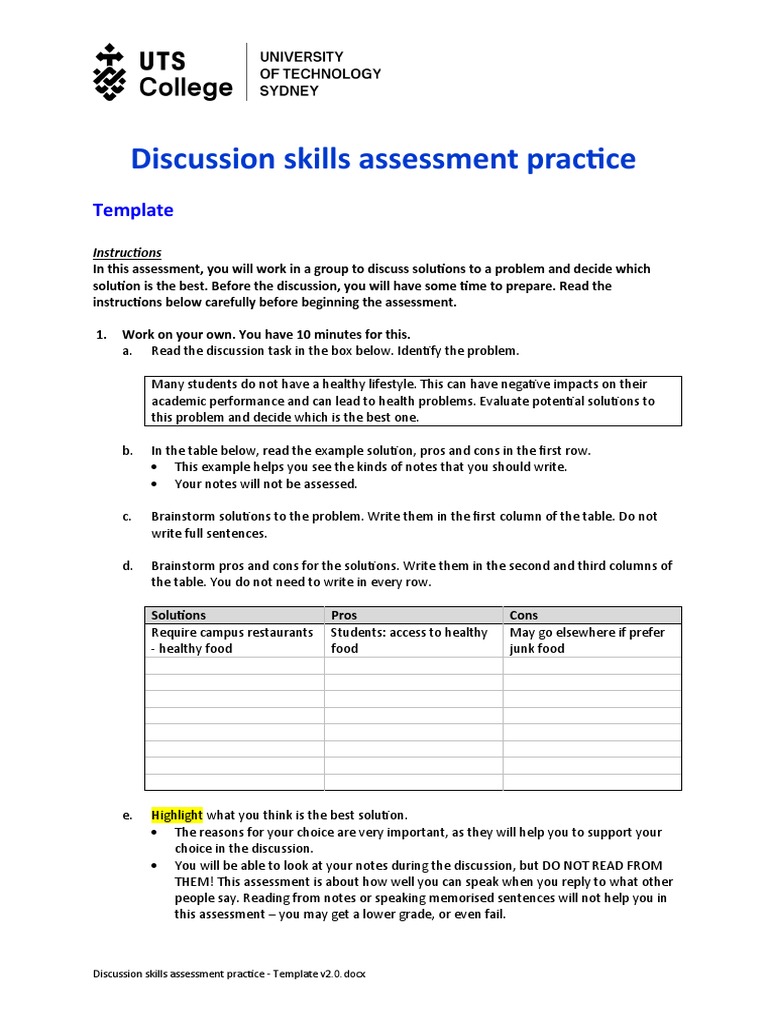 Discussion Skills Assessment Template | PDF