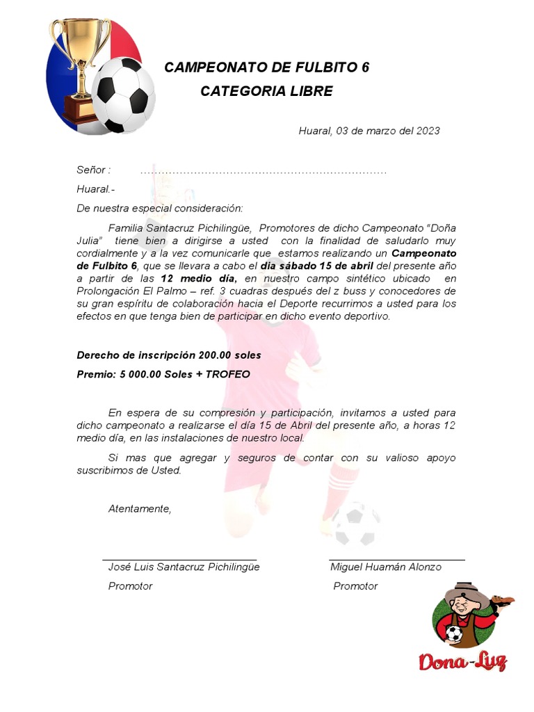 Invitación al Campeonato de Fulbito | PDF | Deportes y actividades al ...