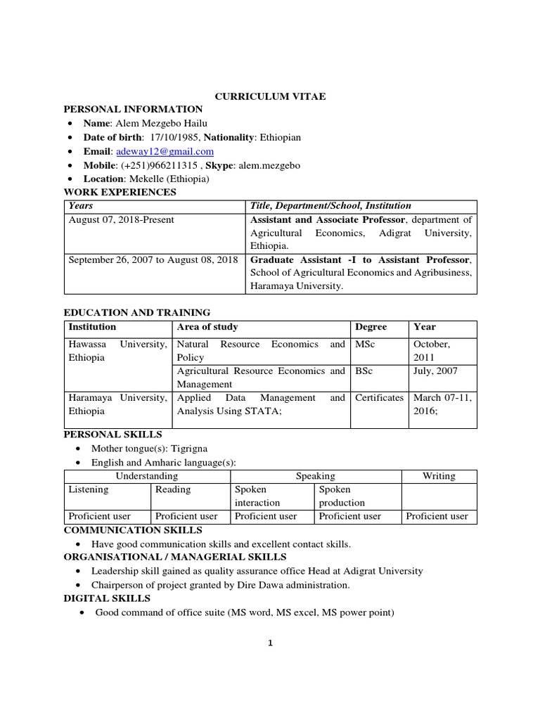 Alem Mezgebo - Curriculum Vitae | PDF | Ethiopia | Economics