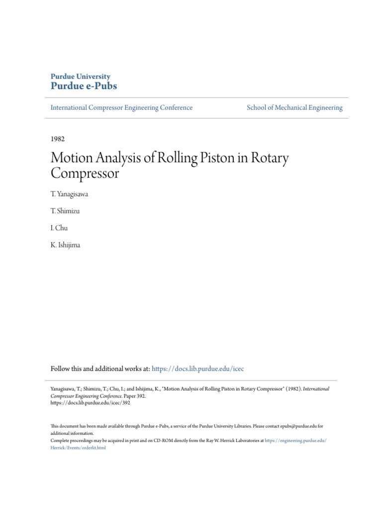 Motion Analysis of Rolling Piston in Rotary Compressor: Purdue E-Pubs | PDF