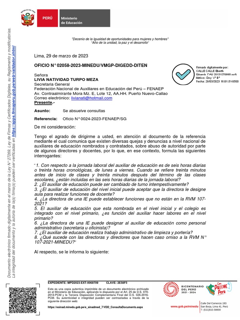 Oficio 02058 2023 Minedu VMGP Digedd Diten | PDF | Regulación | Tiempo ...