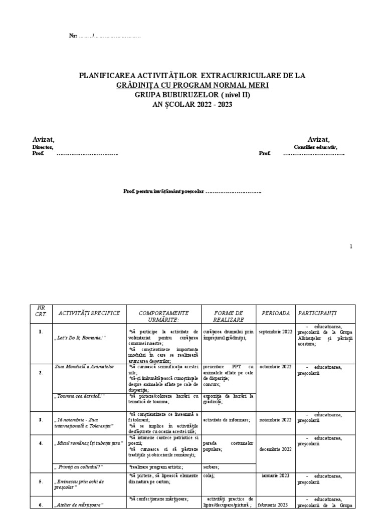 Activitatile Extracurriculare 2023 Grupa Mare | PDF