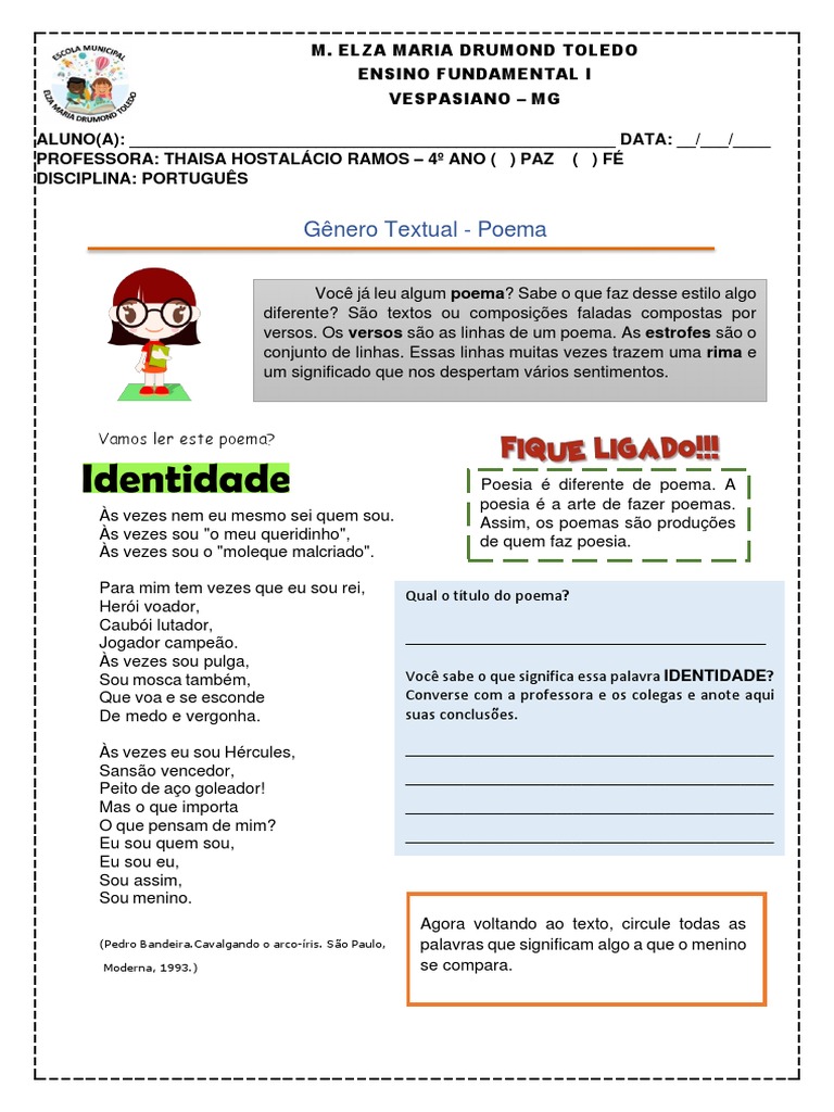 Atividade Explicando Gênero Poema - Poema Visual e Concreto | PDF