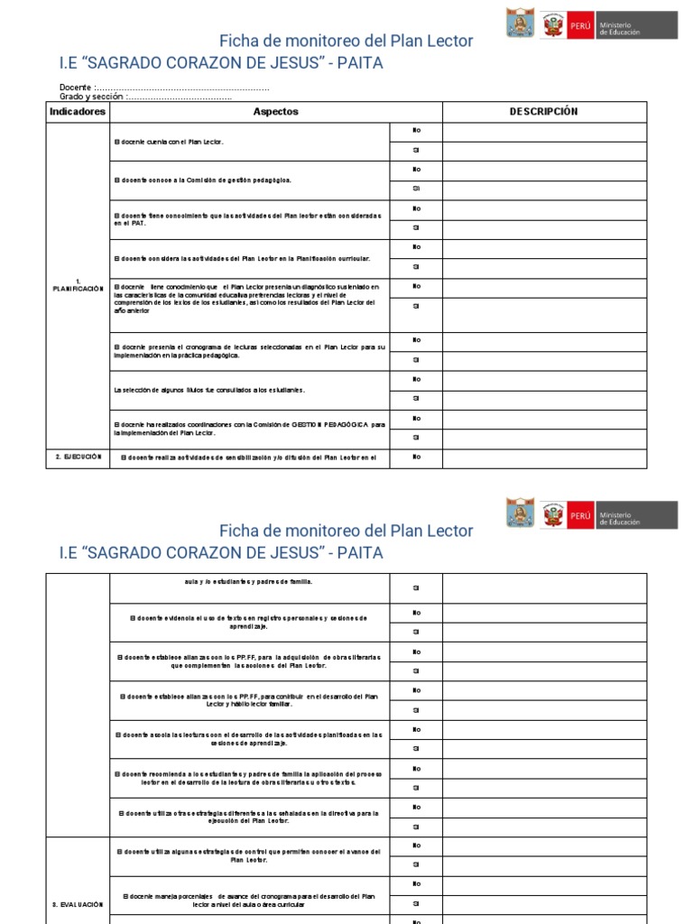 Ficha de Monitoreo Del Plan Lector I.E "Sagrado Corazon de Jesus" - Paita | PDF | Maestros ...