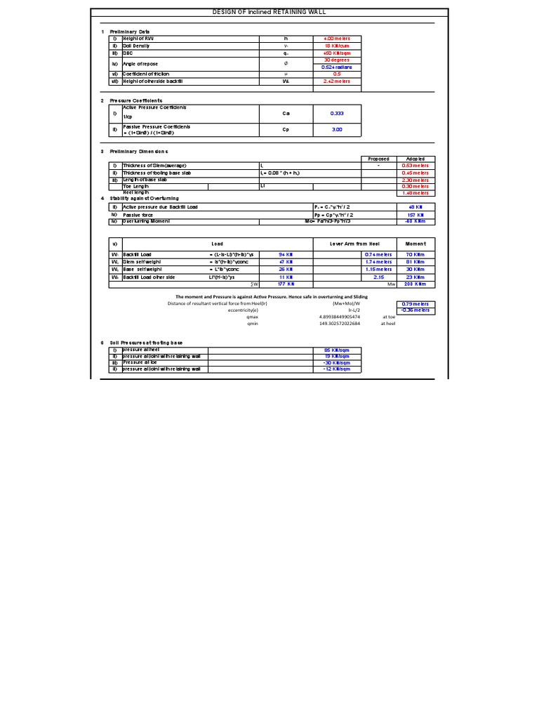Inclined Retaining Wall RCC Design 4m | PDF