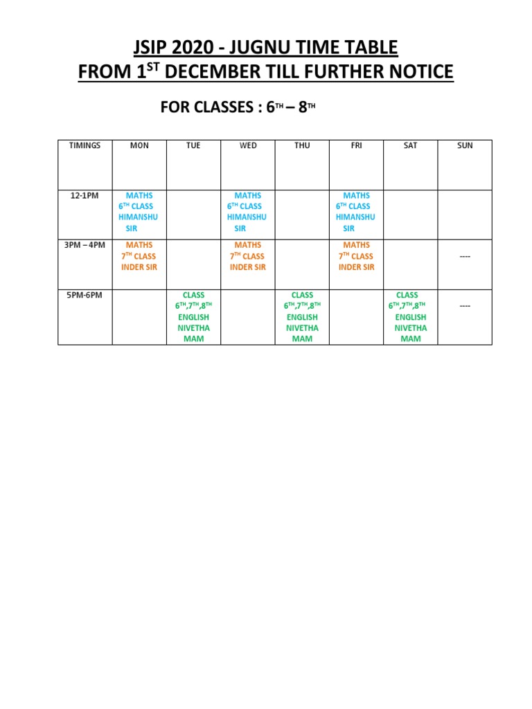 Jugnu Timetable for Classes 6-12 | PDF