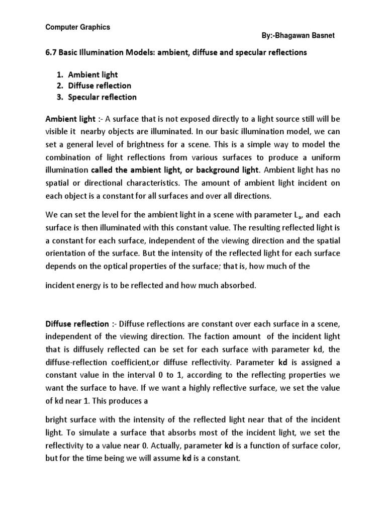 6.7 Basic Illumination Models Ambient, Diffuse and Specular Reflections ...