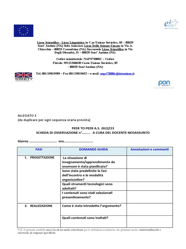 Allegato 3 (Da Duplicare Per Ogni Sequenza Oraria Prevista) : Fasi Domande-Guida Annotazioni e ...