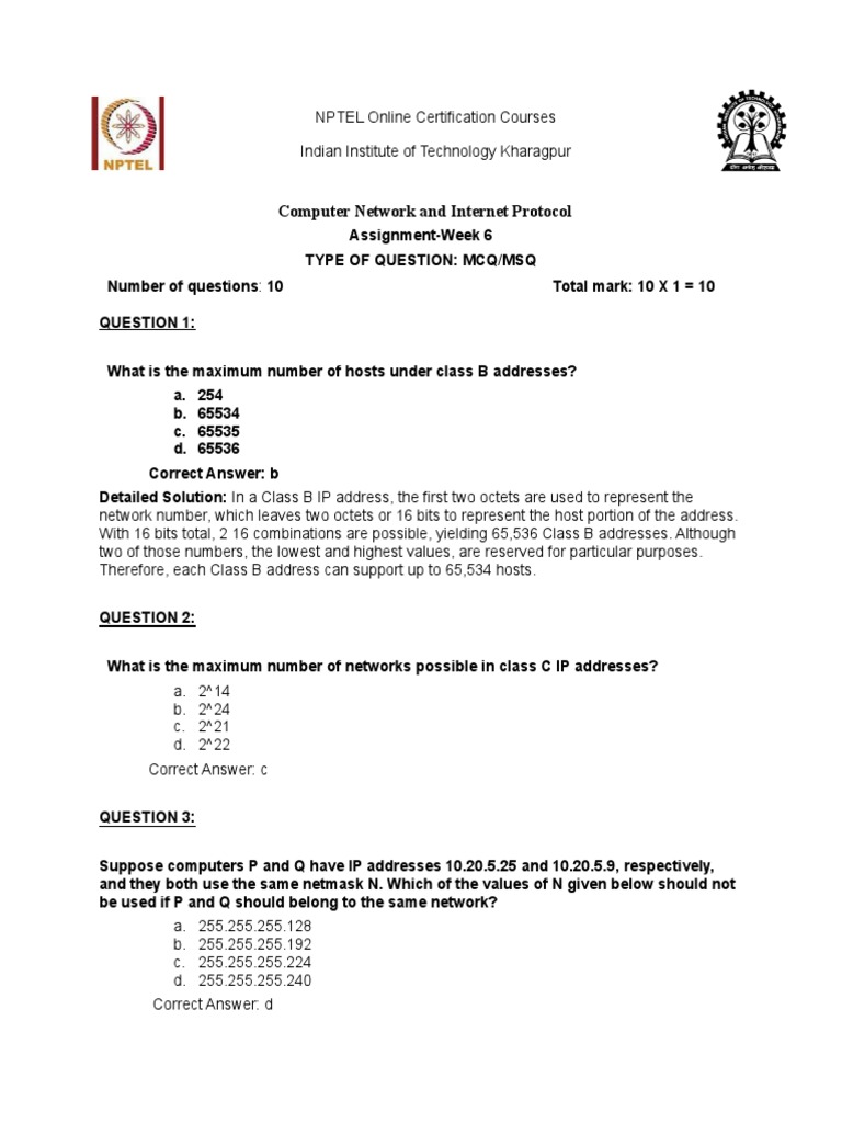 NPTEL-CNIP 2023 Assignment - 1 Solution | PDF | Ip Address | Internet
