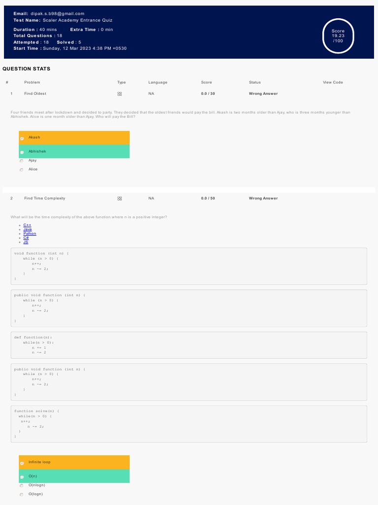 Scaler Academy Entrance Quiz - Dipak Bagade | Download Free PDF | C Sharp (Programming Language ...