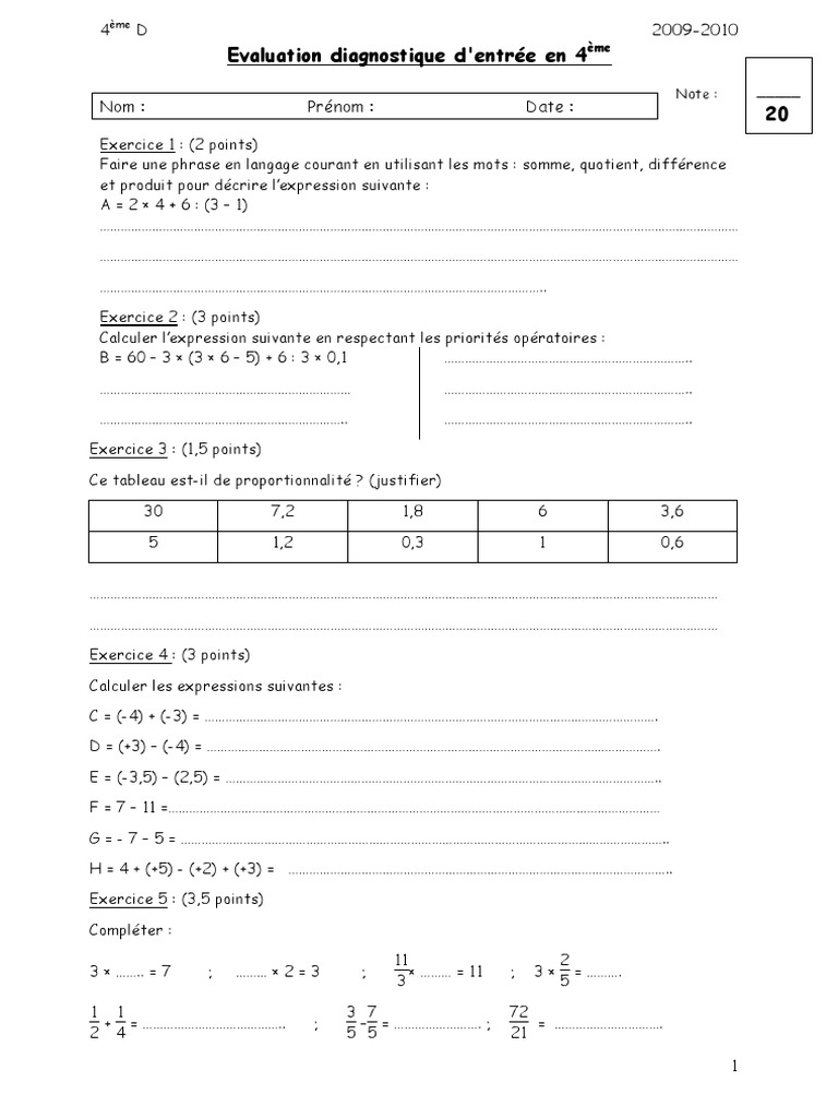 Evaluation Diagnostique Maths Entree 4eme | PDF
